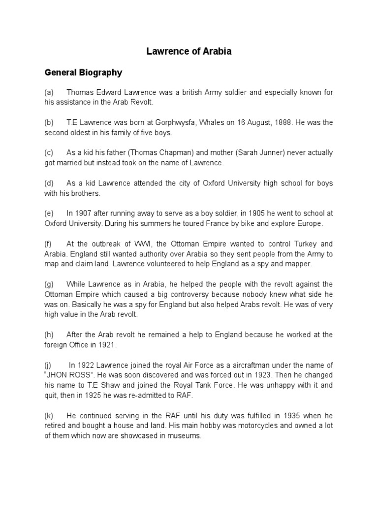 Lawrence of Arabia | PDF | T. E. Lawrence | Warfare Of The Industrial Era