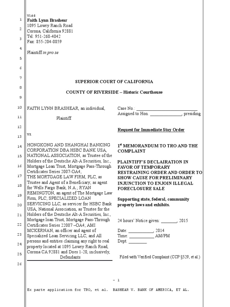 Pro Se Plaintiff Seeks TRO in Foreclosure | PDF | Security Interest | Injunction
