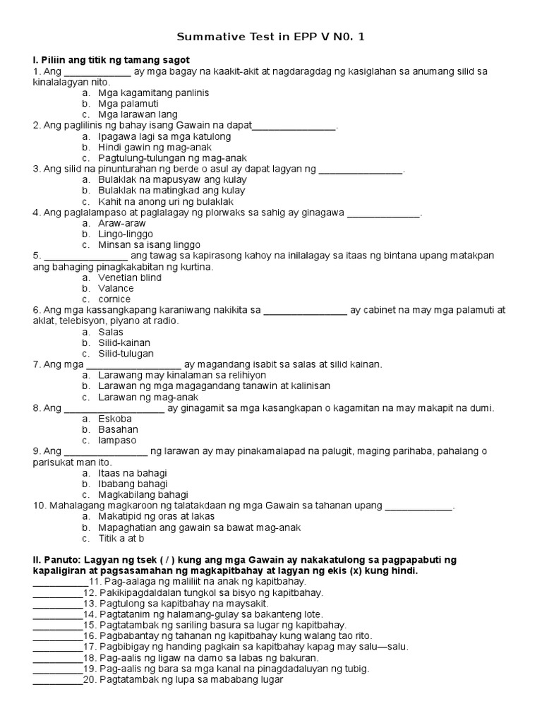 Summative Test in EPP V and EESP V | PDF