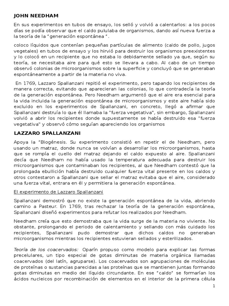 Experimentos de John Needham y Spallanzani | PDF | Evolución ...