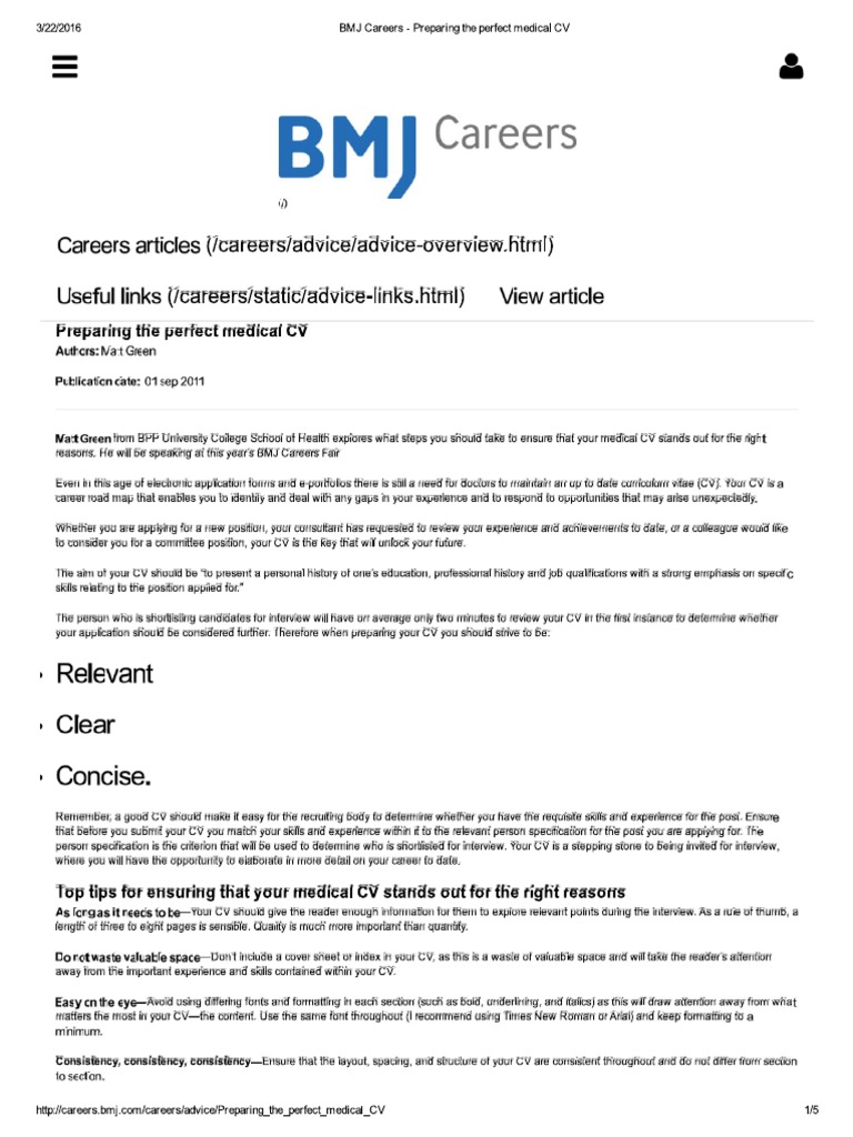 BMJ Careers - Preparing The Perfect Medical CV PDF | PDF