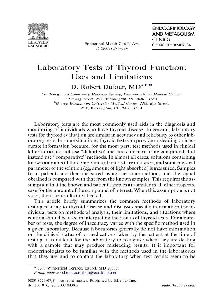 Laboratory Tests of Thyroid Function - Uses and Limitations PDF | PDF ...