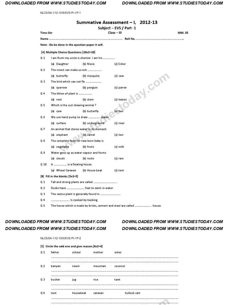 CBSE Class 3 EVS Question Paper SA 1 2012 4 | PDF | Foods | Nature