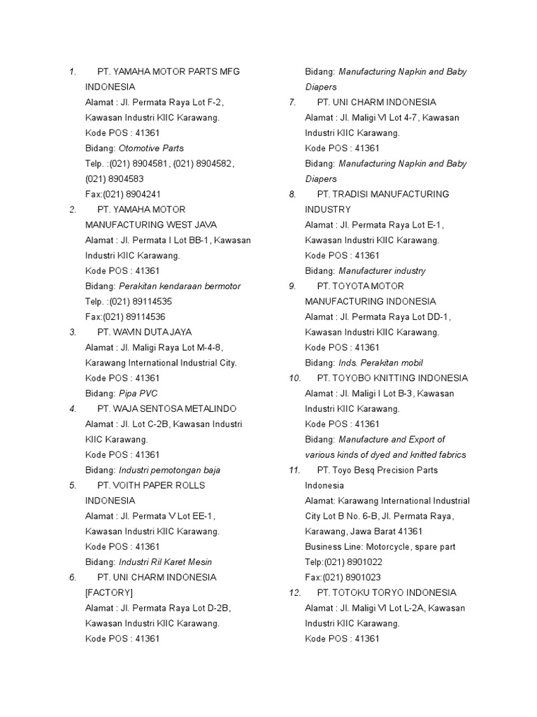Daftar Perusahaan di KIIC Karawang | PDF