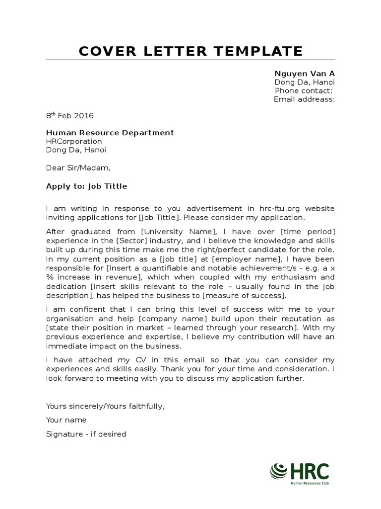 HRC-FTU CoverletterTemplate English | PDF | Career & Growth