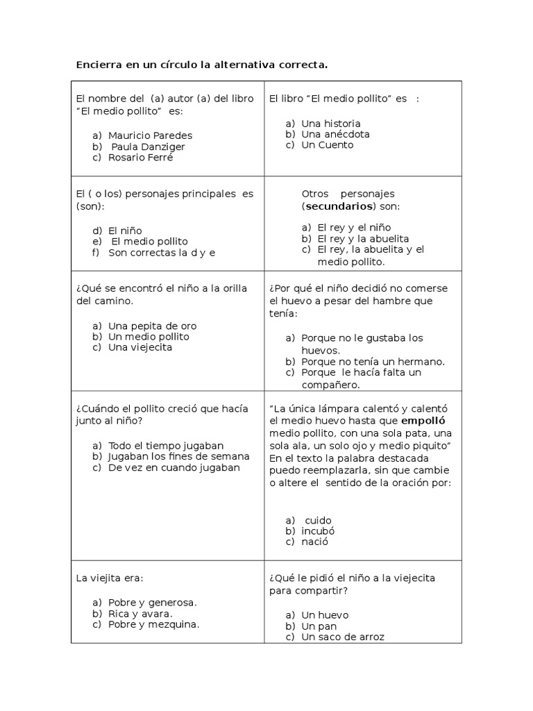 Prueba El Medio Pollito | PDF