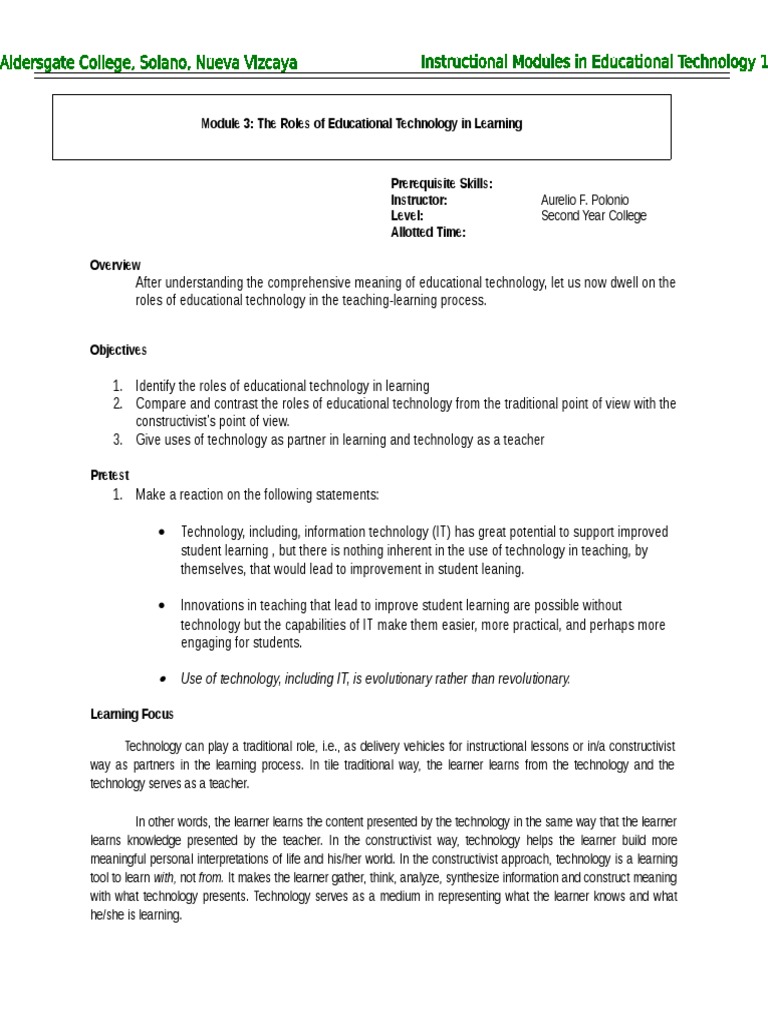 Module 3 - The Roles of Educational Technology in Learning | PDF ...