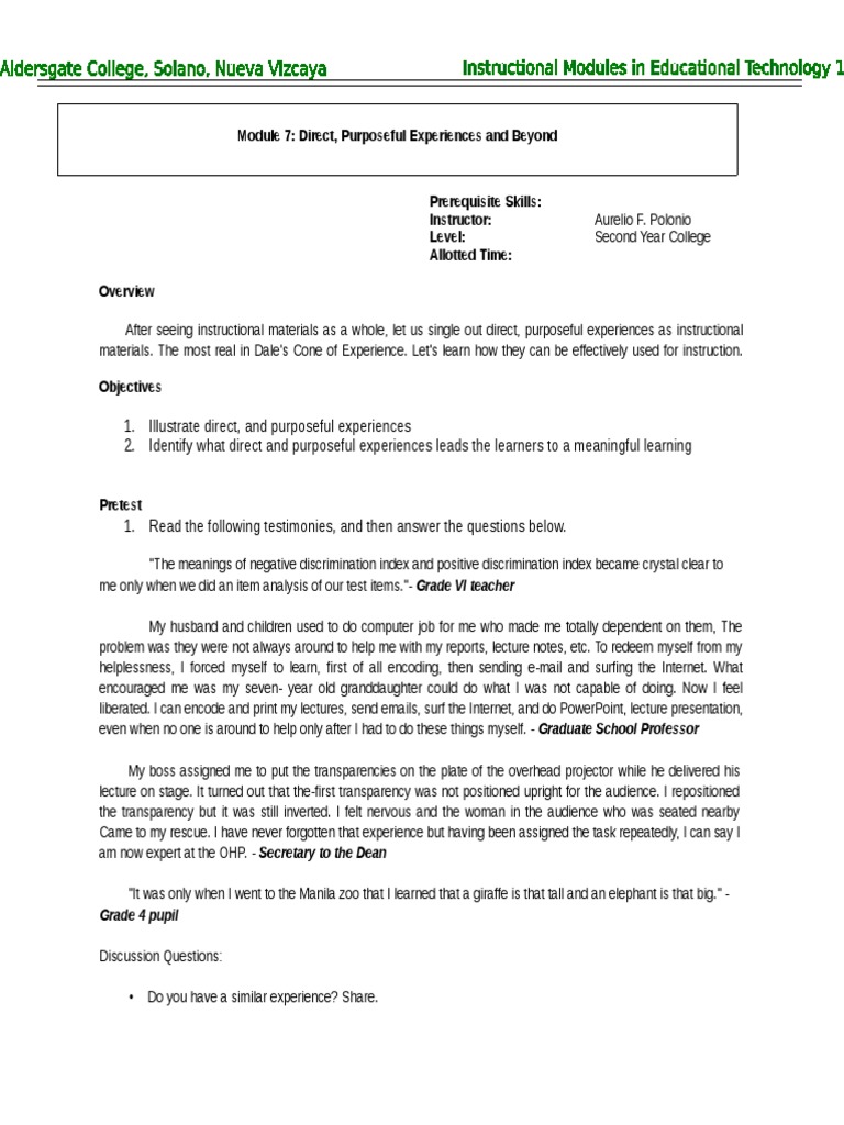 Direct, Purposeful Learning Experiences | PDF | Lecture | Experience