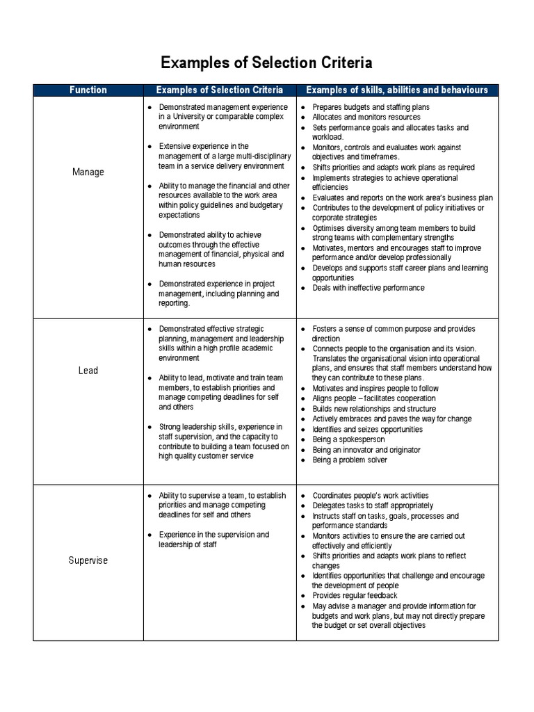 Selection Criteria Examples and Guidelines | PDF | Strategic Management ...