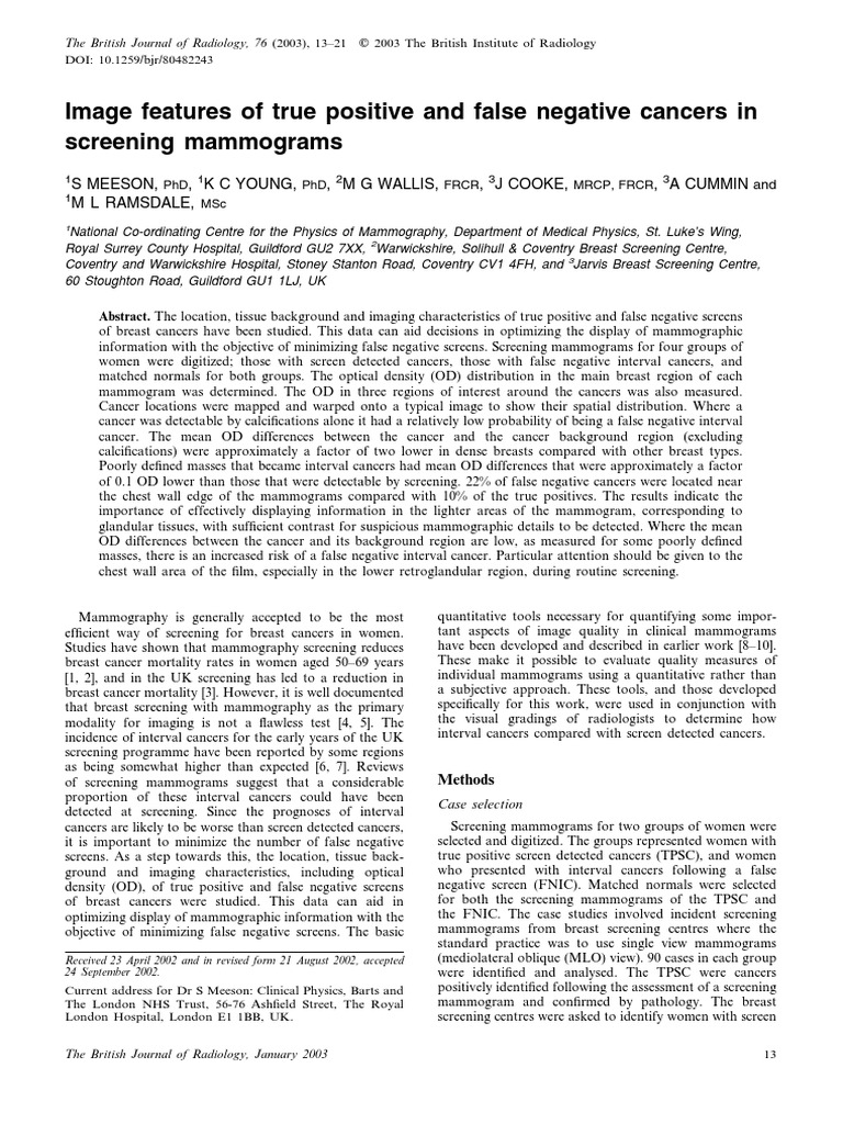 Image Features of True Positive and False Negative Cancers in Screening ...