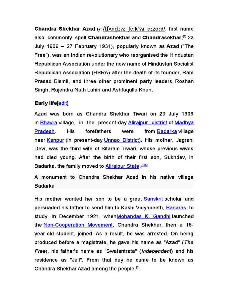 Chandra Shekhar Azad (/: Free), His Father's Name As "Swatantrata ...
