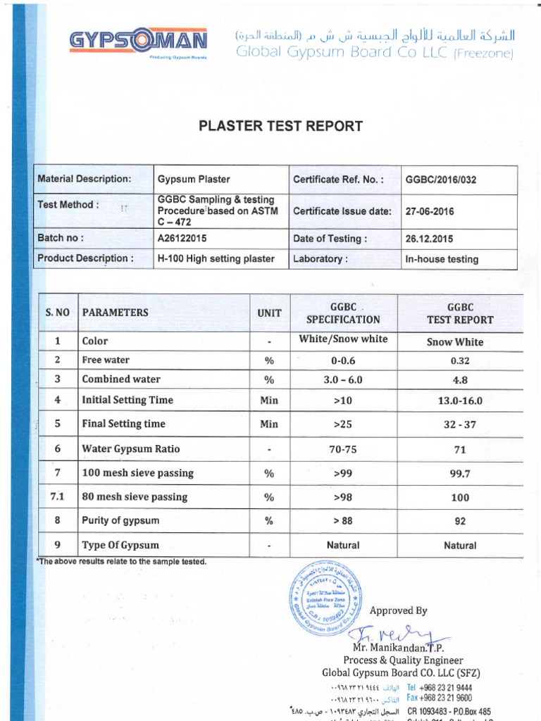 Gypsum Plaster Test Report 2016 | PDF | Science & Mathematics