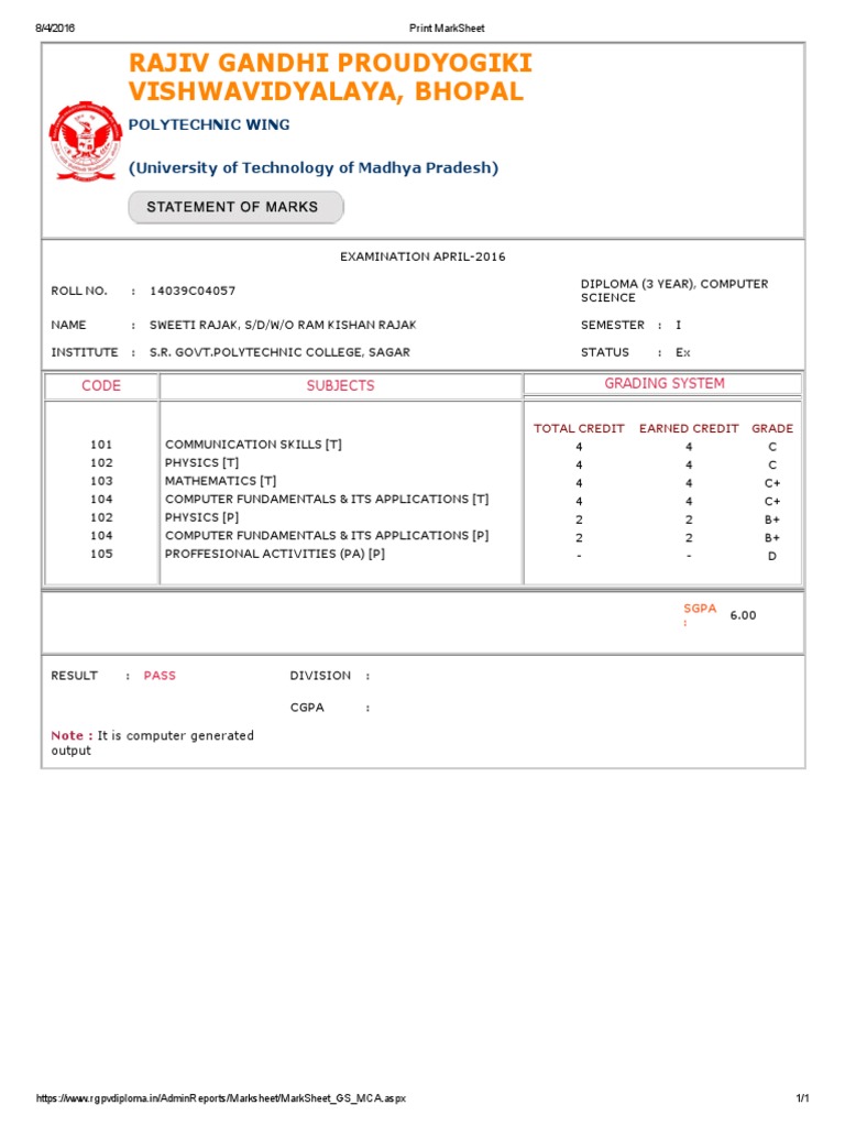 Print MarkSheet PDF | PDF | Technology & Engineering