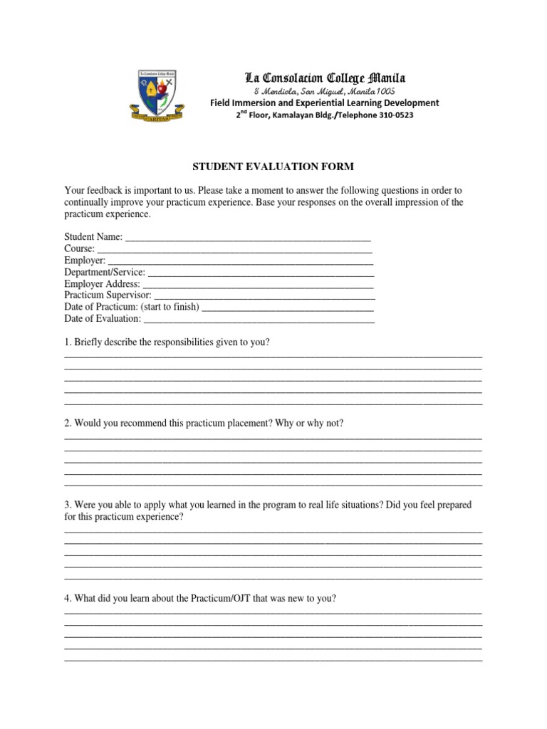 La Consolacion College Manila Student Practicum Evaluation Form | PDF