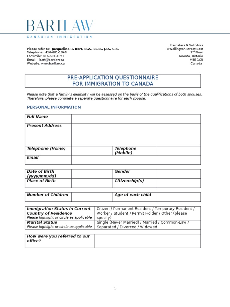 Canada Immigration Pre-Application Form | PDF | Labour | Employment