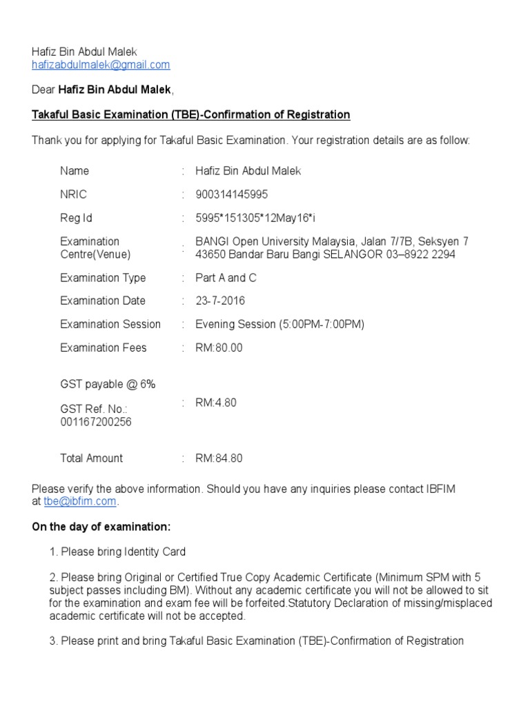 Takaful Basic Exam Registration Confirmation | PDF