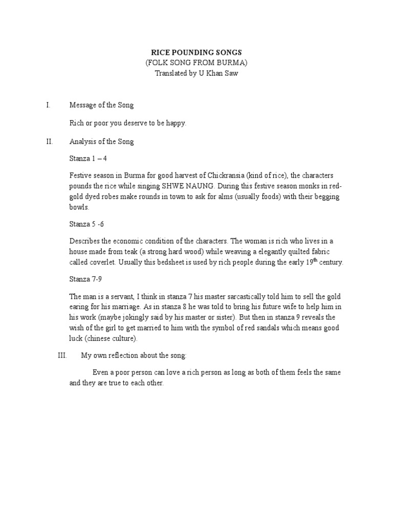 Analysis of RICE POUNDING SONGS Folksong of Myanmar | PDF