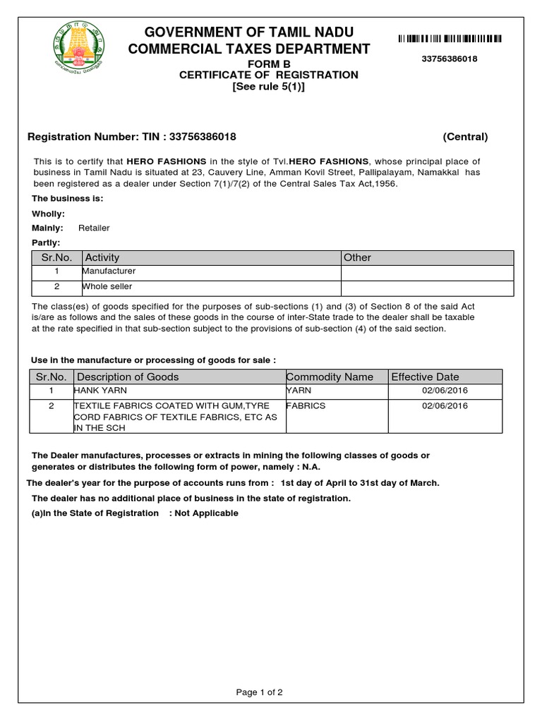 Form B CST Registration Certificate | PDF | Finance & Money Management