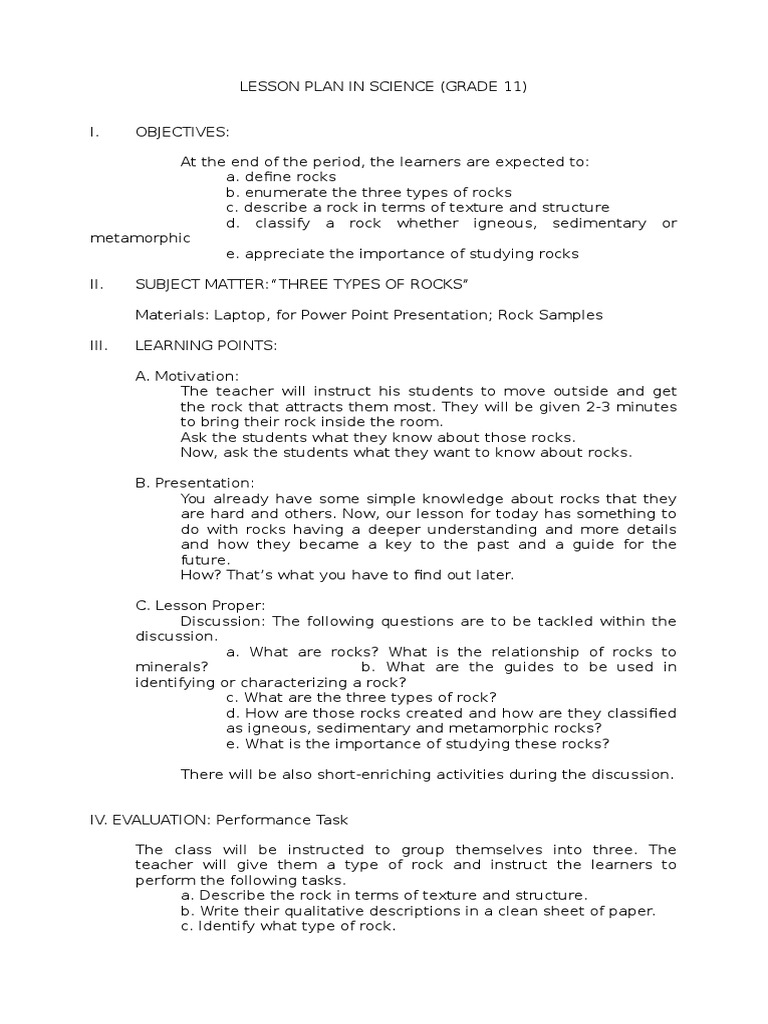 SHS Demo Lesson Plan | PDF | Rock (Geology) | Lesson Plan