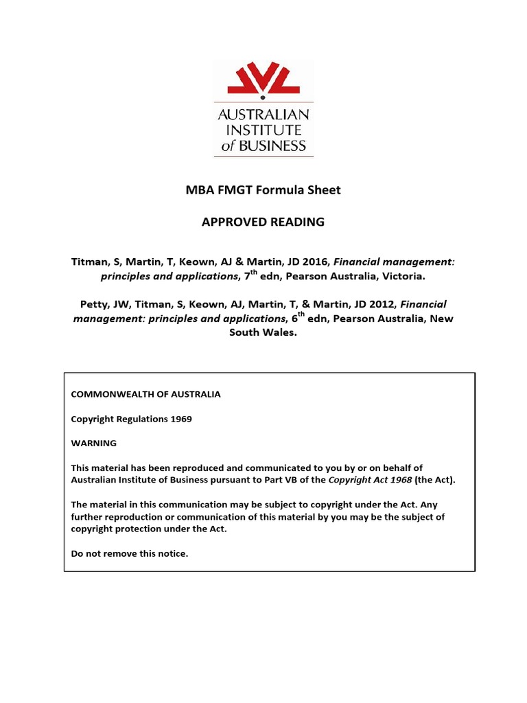 MBA FMGT Exam Formula Sheet 7th and 6th Edn Users - With Cover Sheet ...
