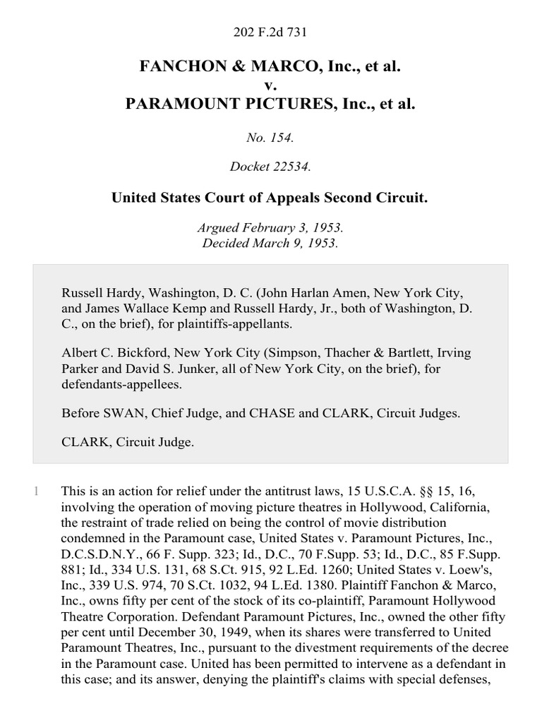 Fanchon & Marco, Inc. v. Paramount Pictures, Inc., 202 F.2d 731, 2d Cir ...