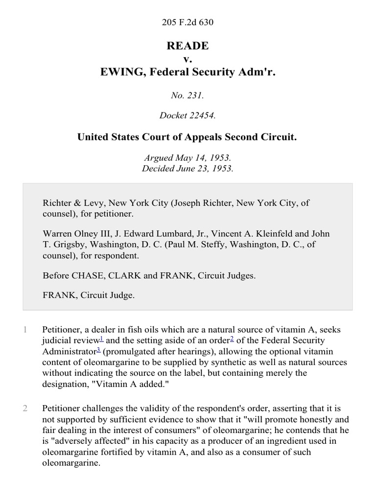 Reade v. Ewing, Federal Security Adm'r, 205 F.2d 630, 2d Cir. (1953 ...