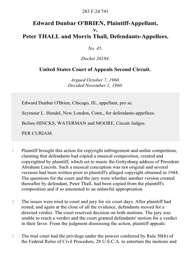 Edward Dunbar O'Brien v. Peter Thall and Morris Thall, 283 F.2d 741, 2d ...