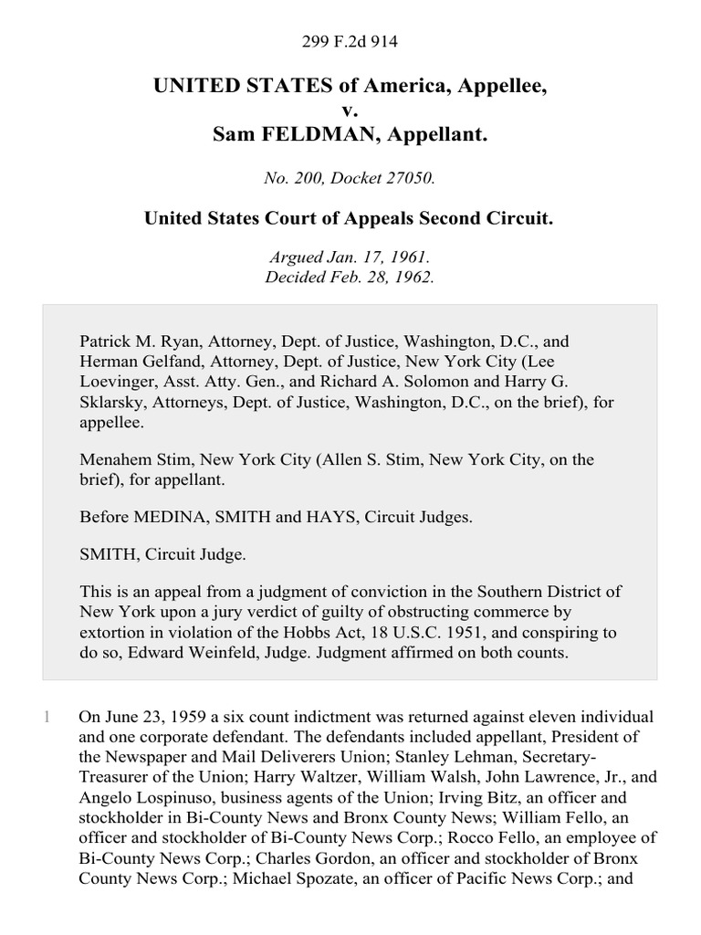 UNITED STATES of America, Appellee, v. Sam FELDMAN, Appellant | Supreme ...