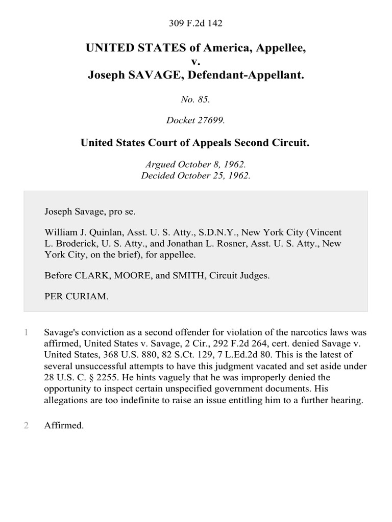 United States v. Joseph Savage, 309 F.2d 142, 2d Cir. (1962) | PDF ...