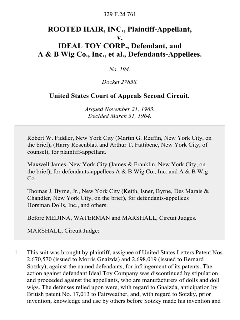 Rooted Hair, Inc. v. Ideal Toy Corp., and A & B Wig Co., Inc., 329 F.2d ...