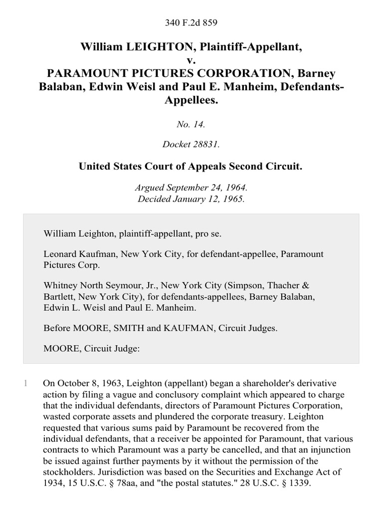William Leighton v. Paramount Pictures Corporation, Barney Balaban, Edwin Weisl and Paul E ...
