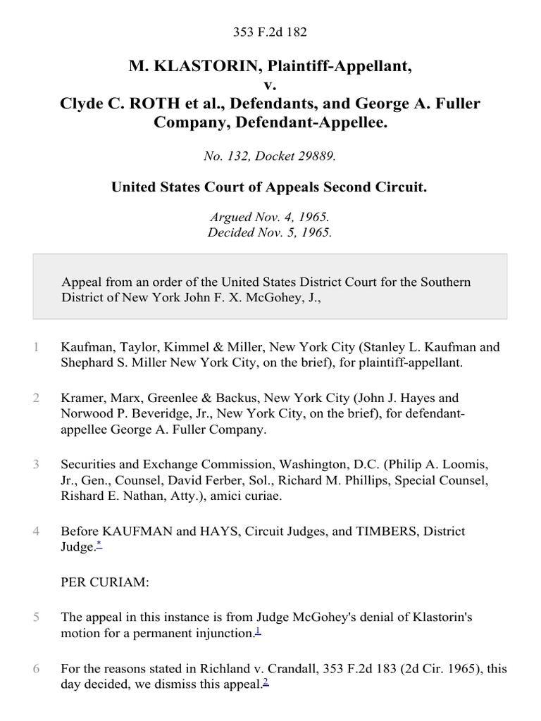 M. Klastorin v. Clyde C. Roth, and George A. Fuller Company, 353 F.2d ...