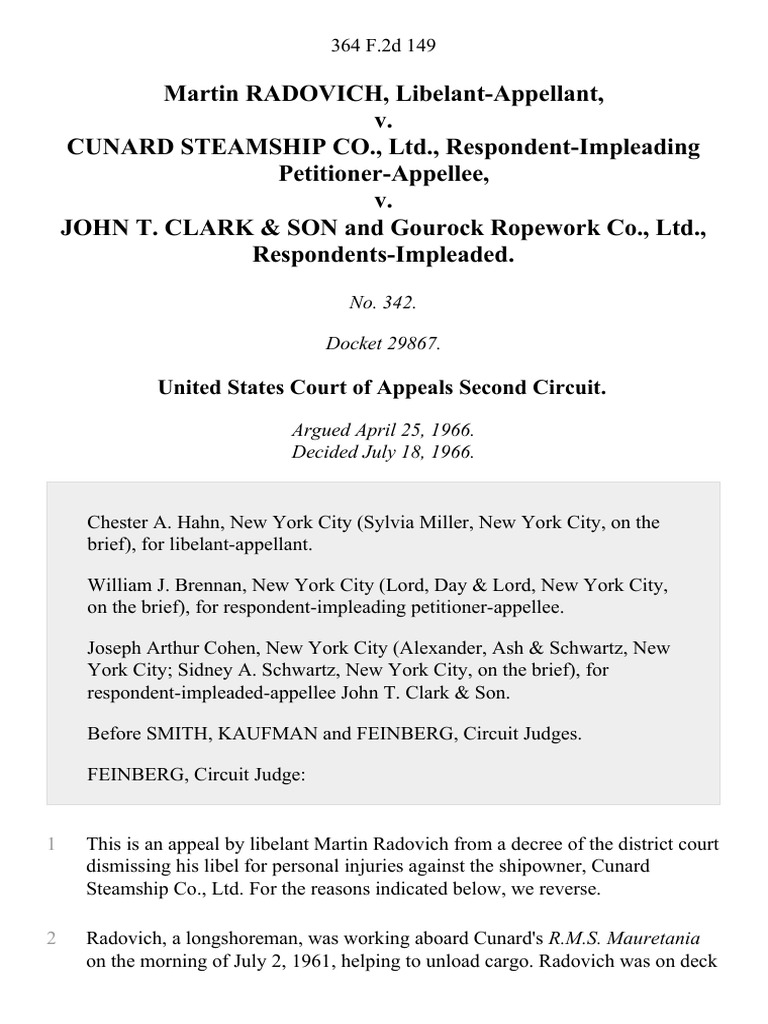 Martin Radovich, Libelant-Appellant v. Cunard Steamship Co., LTD ...