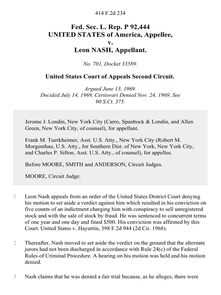 Fed. Sec. L. Rep. P 92,444 United States of America v. Leon Nash, 414 F ...
