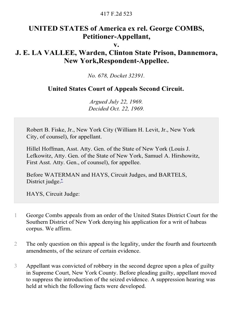 United States of America Ex Rel. George Combs v. J. E. La Vallee ...