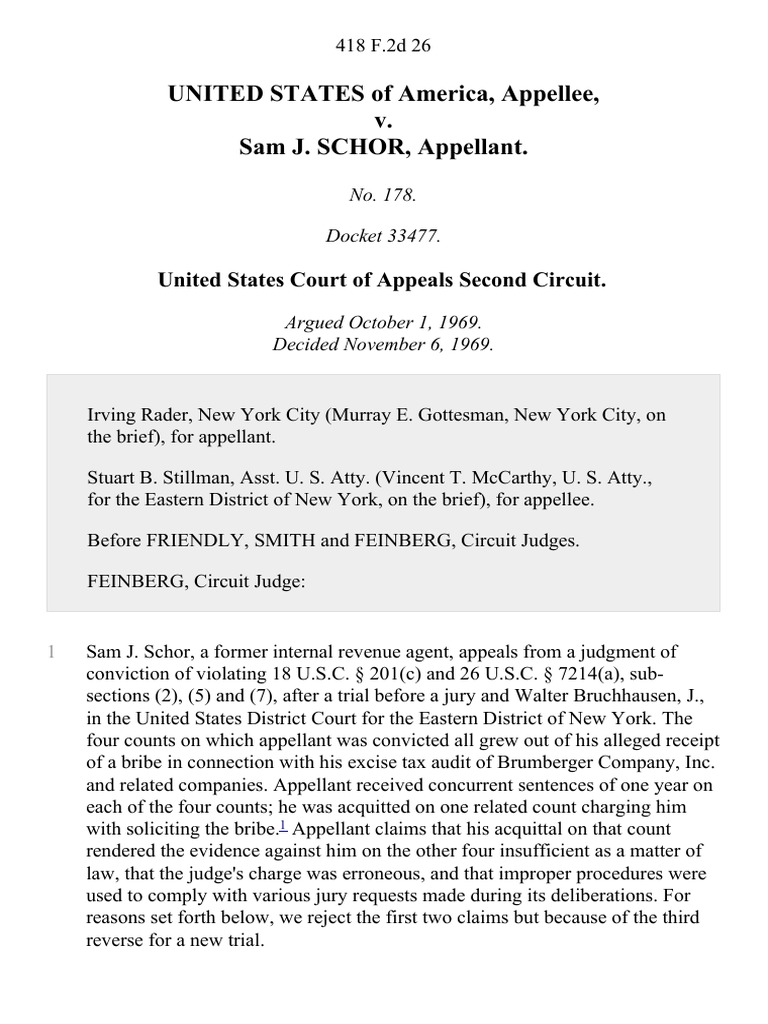 United States v. Sam J. Schor, 418 F.2d 26, 2d Cir. (1969) | Acquittal ...