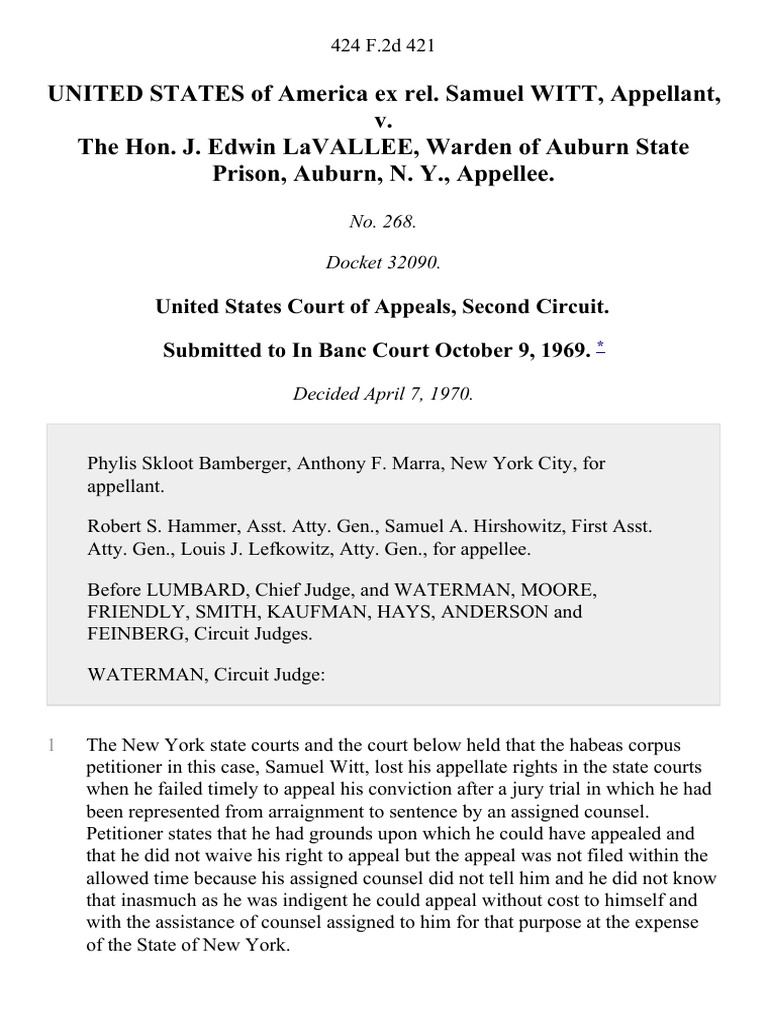 United States of America Ex Rel. Samuel Witt, Appellant, V. The Hon. J ...