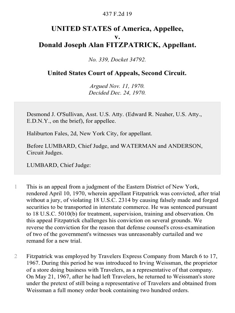 United States v. Donald Joseph Alan Fitzpatrick, 437 F.2d 19, 2d Cir ...