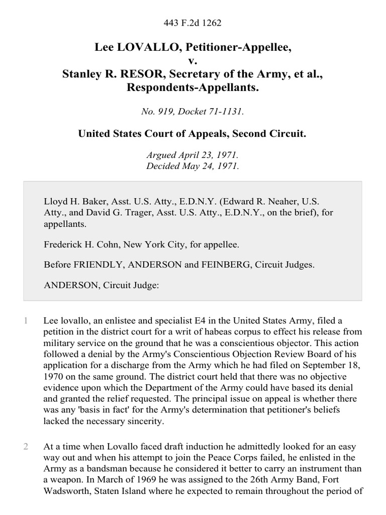 Lovallo v. Resor: Conscientious Objector Case | PDF | Conscientious ...