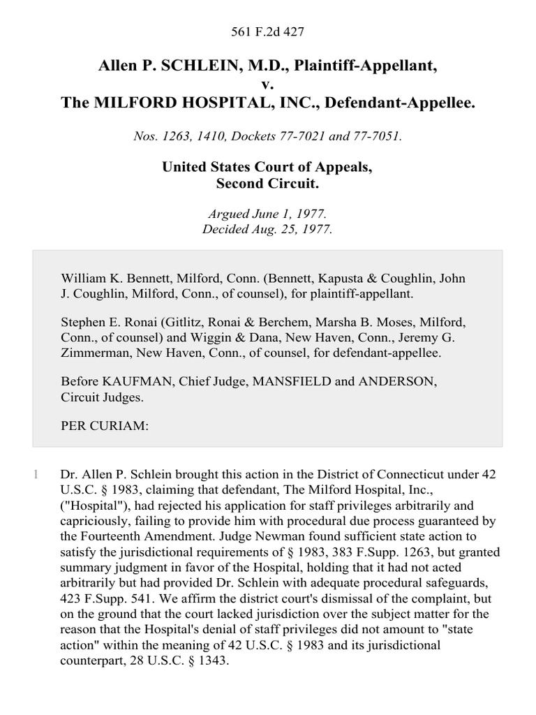 Allen P. Schlein, M.D. v. The Milford Hospital, Inc., 561 F.2d 427, 2d ...