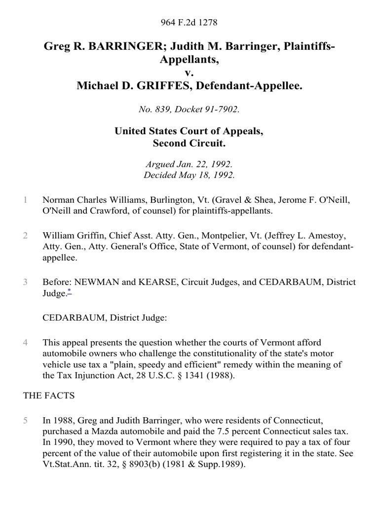 Greg R. Barringer Judith M. Barringer v. Michael D. Griffes, 964 F.2d ...