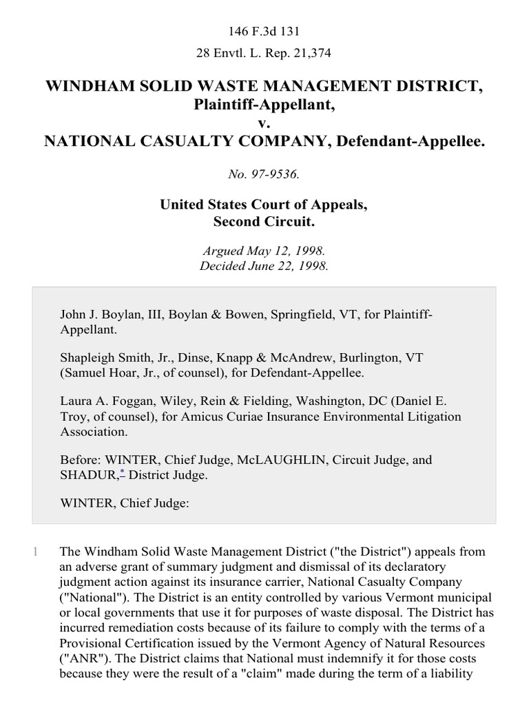 Windham Solid Waste Management District v. National Casualty Company, 146 F.3d 131, 2d Cir ...