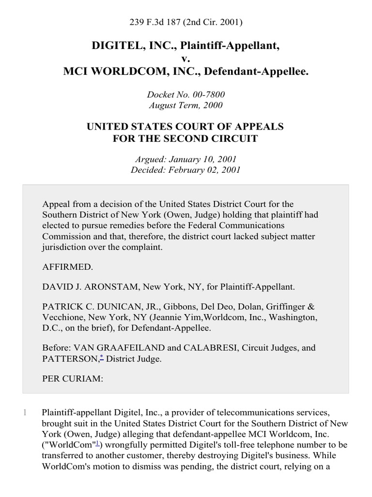 Digitel, Inc. v. MCI Worldcom, Inc., 239 F.3d 187, 2d Cir. (2001) | PDF ...