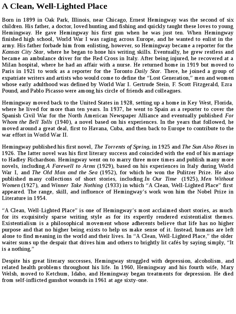 Clean, Well-Lighted Place, A - SparkNotes | PDF | Existentialism ...