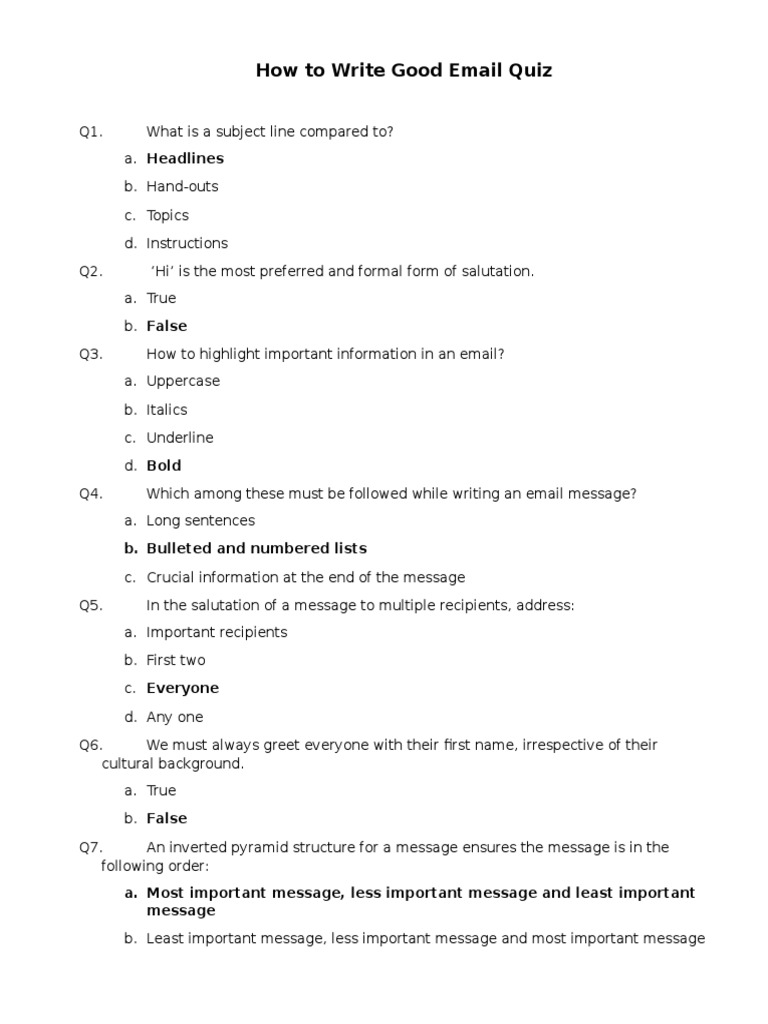 How To Write Good Email Quiz: B. Bulleted and Numbered Lists | PDF