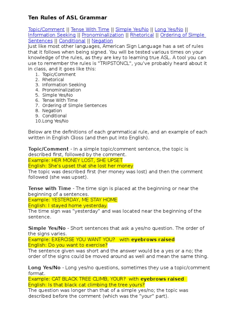 Ten Rules of Asl Grammar From Internet | PDF | American Sign Language ...