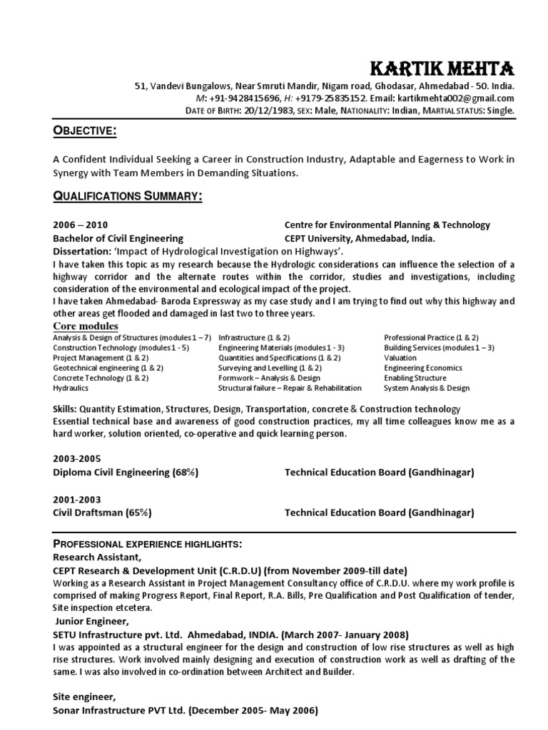 Kartik Cv Pdf Engineering Civil Engineering