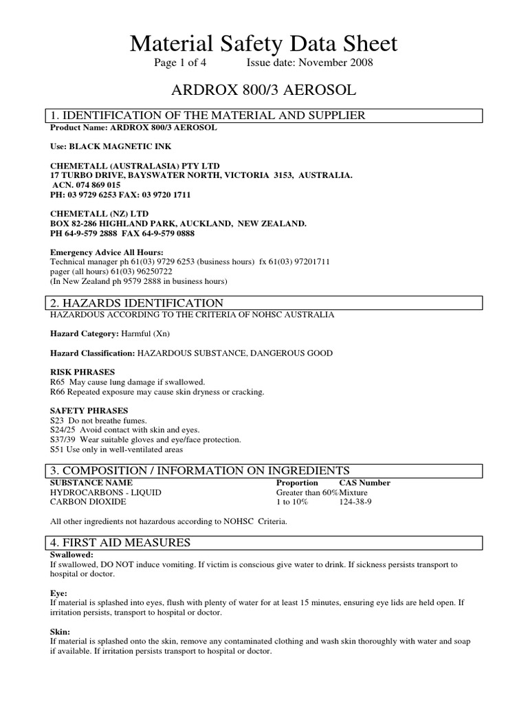 Ardrox 800 3 Aerosol MSDS | PDF | Fires | Personal Protective Equipment