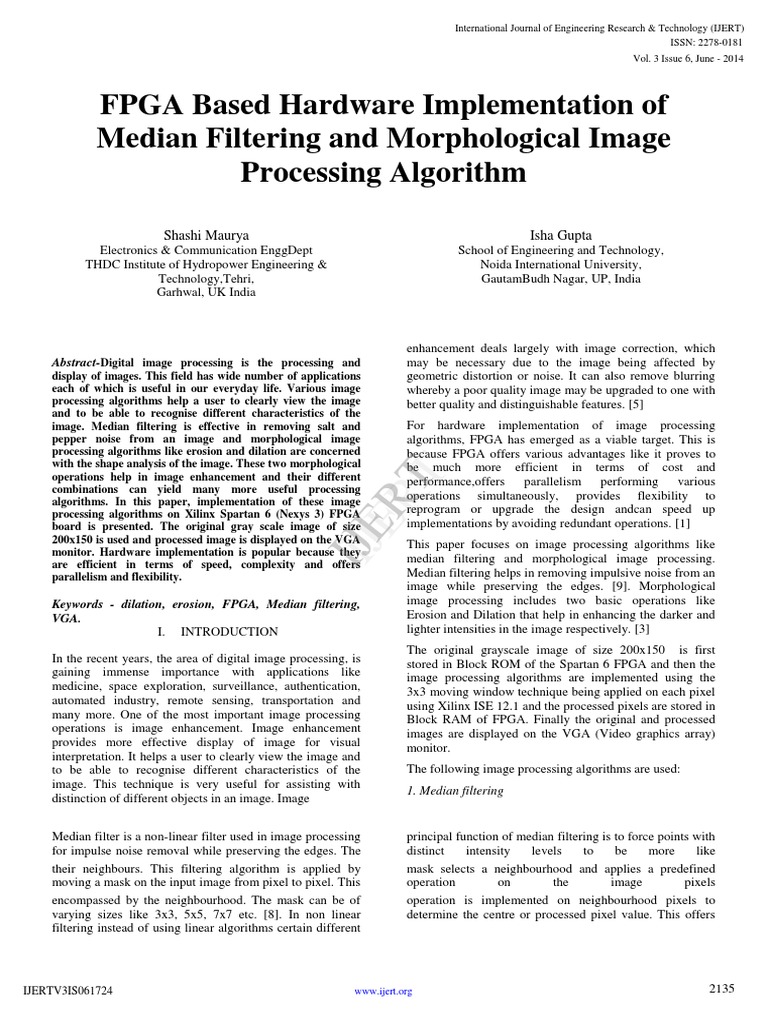 Fpga Based Hardware Implementation Of Median Filtering And Morphological Image Processing