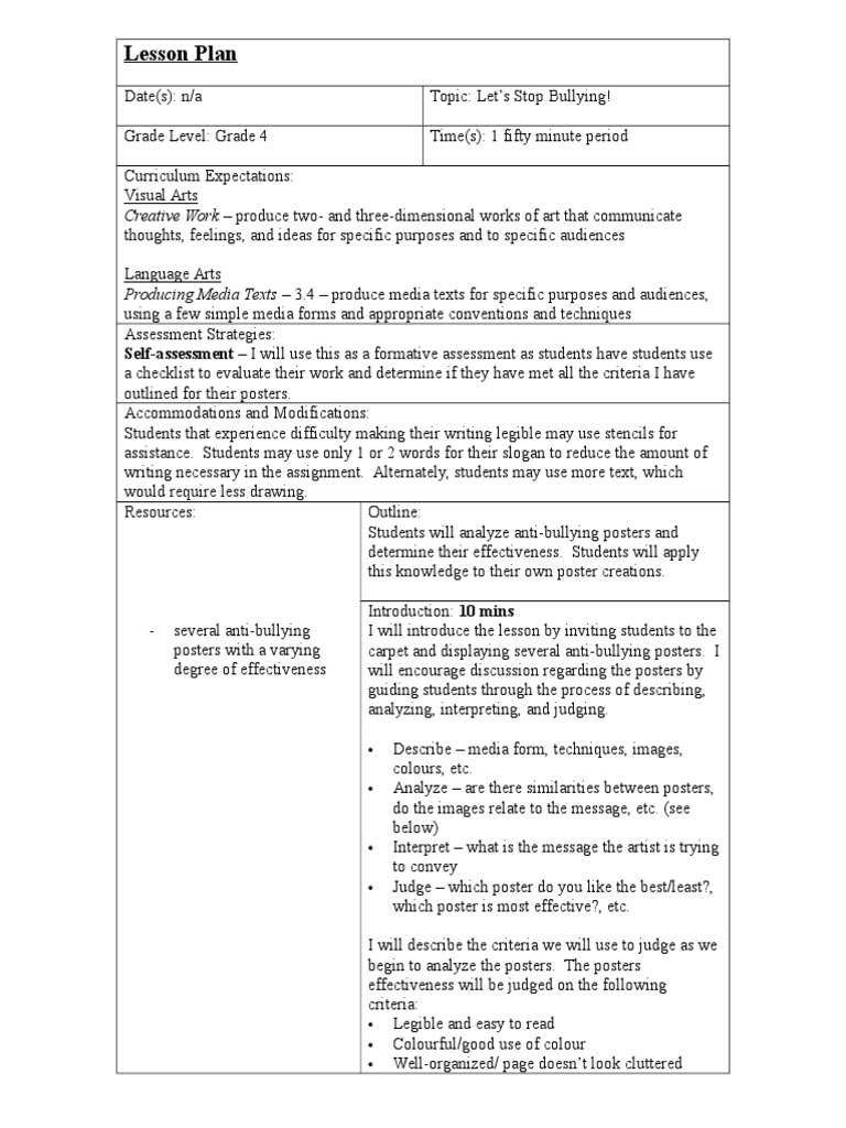 Lesson Plan 6 Art Anti Bullying Posters Educational Assessment